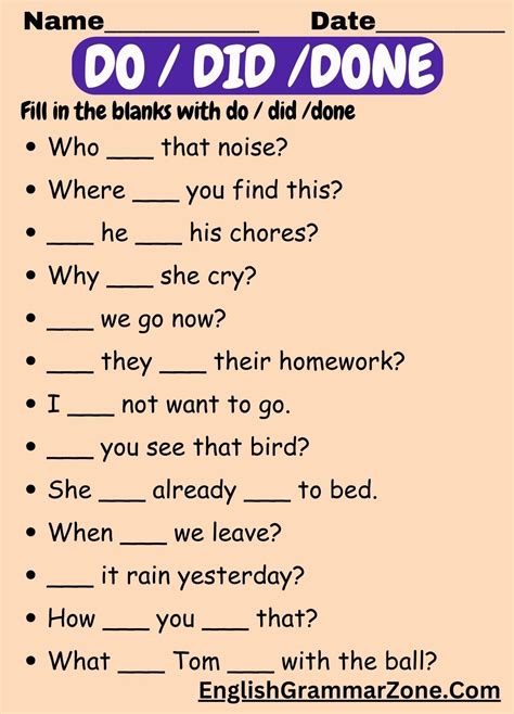 Do Did Done Worksheet Exercise Complete The Sentences Using Do