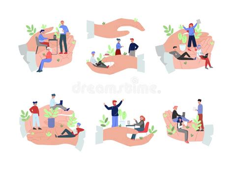 Human Hands Protecting People Set Business People Working With Laptop Computers On Human Palm