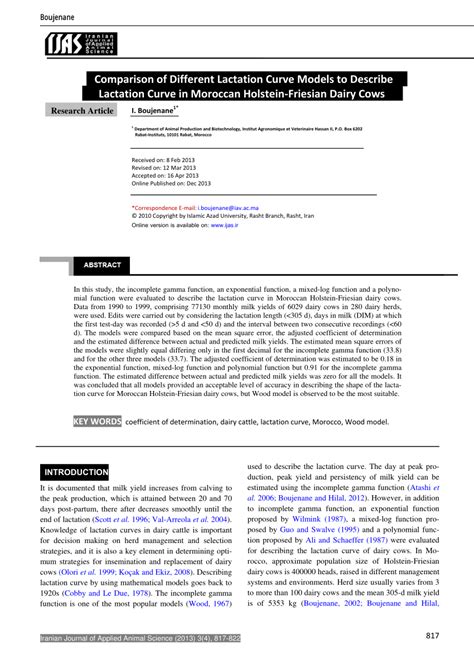 Pdf Comparison Of Different Lactation Curve Models To Describe Lactation Curve In Moroccan