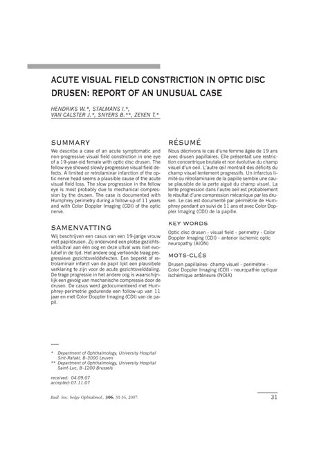 Pdf Acute Visual Field Constriction In Optic Disc Drusen Report Of An Unusual Case
