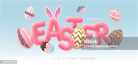 화려한 초콜릿 부활절 달걀과 3d 텍스트가 있는 행복한 부활절 타이포그래피 배경 인사말 카드 또는 포스터 벡터 그림 3차원 형태에 대한 스톡 벡터 아트 및 기타 이미지