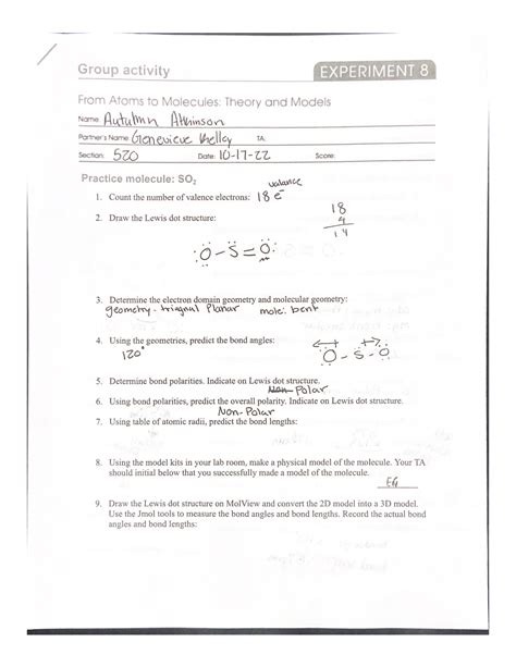 Dra Chem Lab 119 Group Activity Experiment 8 From Atoms To Molecules