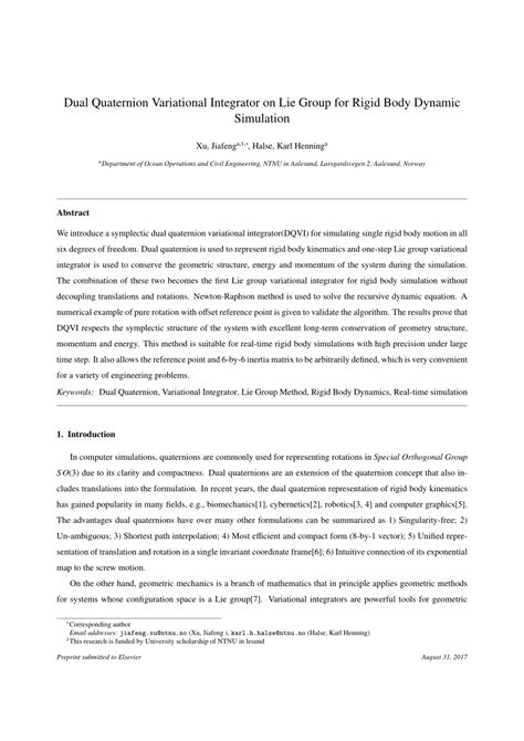 Pdf Dual Quaternion Variational Integrator For Rigid Body Dynamic Simulation