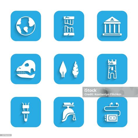 석기 시대 화살표 머리 로마 군대 헬멧 박물관 오디오 가이드 성 타워 횃불 불꽃 공룡 두개골 건물 및 지구 지구 아이콘을