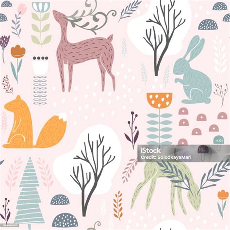 토끼 다람쥐 사슴 완벽 한 패턴입니다 크리에이 티브 숲 높이 자세한 배경 아이 들 의류 직물 섬유 보육 장식 포장지에 대 한 완벽 한 벡터 일러스트 레이 션 0명에 대한