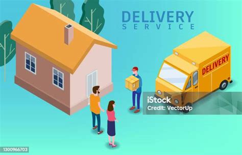 등분성 익스프레스 및 납품 택배 배송 부부 여자와 남자 골판지 상자 무료 우송 상품 상품 24 시간 배송 배달 트럭 밴 집 3d 벡터 등각 일러스트 고립 된 그림 3차원