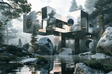 A Futuristic Metallic Structure Seamlessly Blends With A Digital Landscape In A Misty Forest