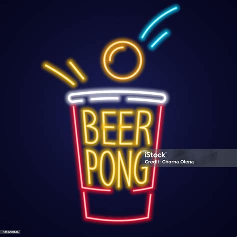 레드 맥주 탁구 일러스트레이션 플라스틱 컵과 공을 튀는 맥주 전통적인 파티 음주 게임 벡터 야간 밝은 표지판 비어퐁에 대한 스톡
