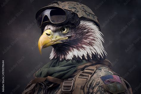 Portrait Of An American Bald Eagle In A Tactical Military Uniform And Helmet Generative Ai の