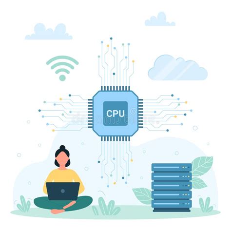 CPU Data Computing Tiny Woman Working With Laptop And Electronic Infrastructure Stock Vector