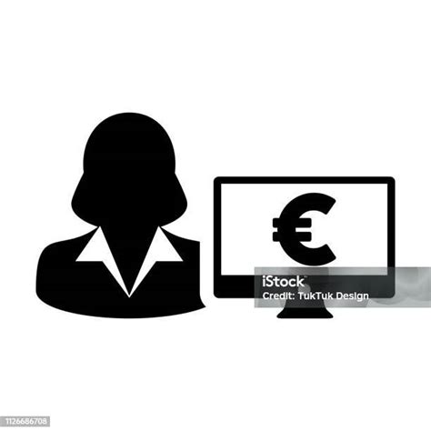 컴퓨터 아이콘 벡터 여성 사람 사용자 아바타 문양 그림 기호에서 평면 컬러에서 모니터 화면 및 유로 기호 검은색에 대한 스톡