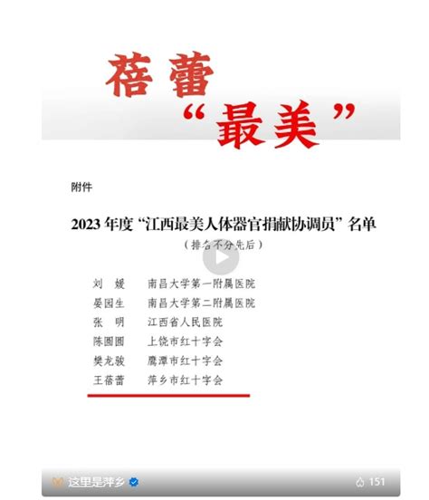 喜讯萍乡市红十字会王蓓蕾同志获得2023年度江西最美人体器官捐献协调员荣誉称号 遗体和人体器官捐献 文章中心 萍乡市红十字会官网