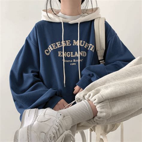 루즈핏 캐주얼 치즈머핏 배색 프린팅 루즈핏 후드티 color 에이블리