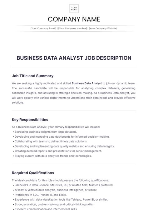 Free Business Data Analyst Job Description Template To Edit Online