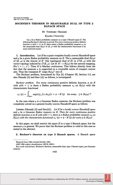 Pdf Bochners Theorem In Measurable Dual Of Type 2 Banach Space