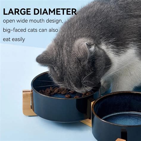 Badu Bg Керамична купа за котки 1800 мл Двойни хранилки за пиене на домашни любимци с дървена