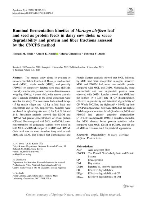 Ruminal Fermentation Kinetics Of Moringa Oleifera Leaf And Seed As Protein Feeds In Dairy Cow