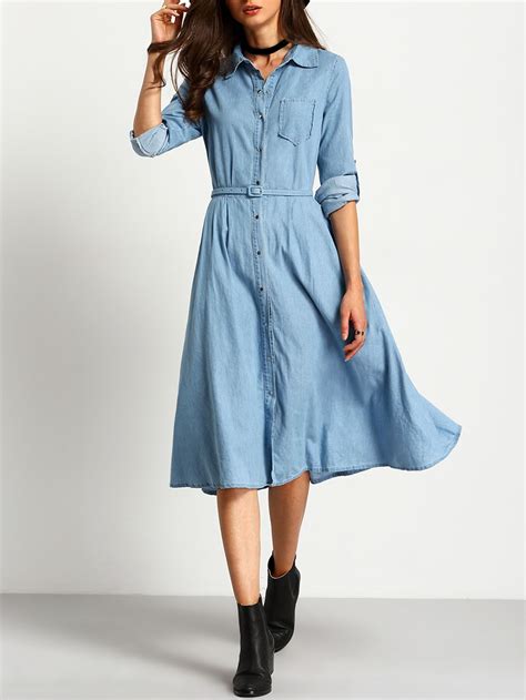 Light Blue Single Breasted Denim Midi Dress Sheinsheinside Fall