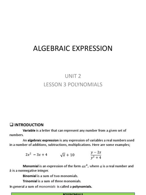 Lesson 3 Algebraic Expression Polynomials Pdf