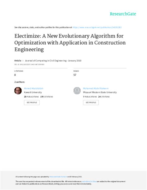 Pdf Electimize New Evolutionary Algorithm For Optimization With Application In Construction