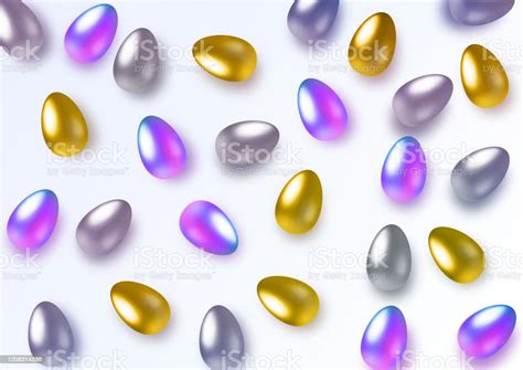 부활절 홀로그램 금과 은 계란 행복 한 부활절 제품 광고 웹 배너 전단지 인증서 및 엽서에 대한 수평 템플릿 벡터 일러스트레이션 3차원 형태에 대한 스톡 벡터 아트 및 기타