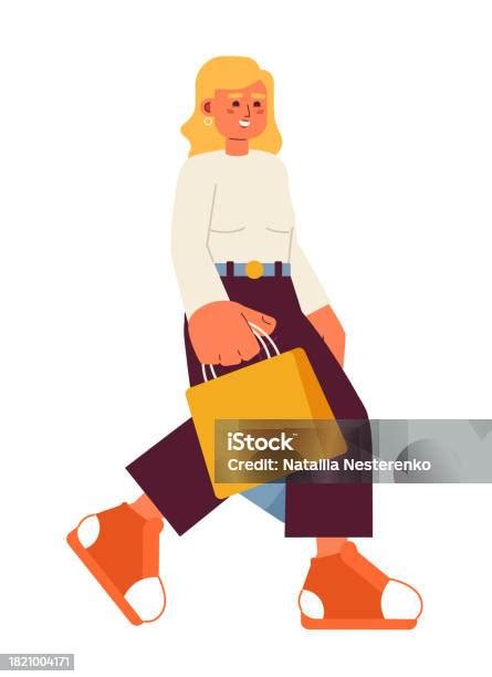 백인 아가씨 와 쇼핑백 세미 플랫 컬러 벡터 캐릭터 쇼핑 중독 물건 구매 흰색에 편집 가능한 전신 사람 웹 그래픽 디자인을 위한 간단한 만화 스폿 일러스트레이션 2차 도형에