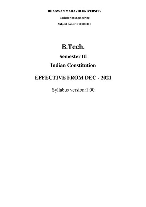 Syllabus Indian Constitution Bhagwan Mahavir University Bachelor Of Engineering Subject Code