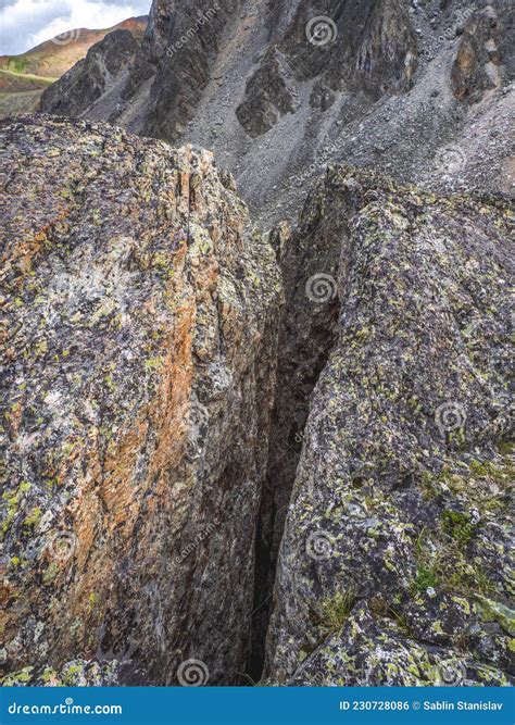 Dangerous Fault In The Granite Rock Vertical Fault Line Or Fracture In