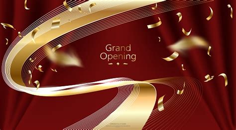 레드 커튼과 황금 색종이와 현실적인 그랜드 오프닝 초대장 배경 주제에 대한 스톡 벡터 아트 및 기타 이미지 배경 주제 열기