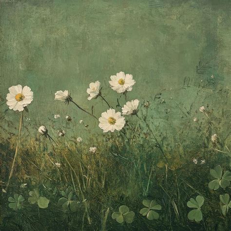 Vintage Floral Wall Art Green Botanical Art Print White Wildflower