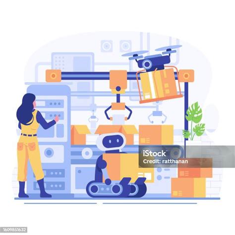 창고 로봇 팔 스태킹 패키지 생산 라인에서 일하는 창고 노동자 골판지 상자를 만드는 창고 노동자들 벡터 그림 건설 산업에 대한 스톡 벡터 아트 및 기타 이미지 Istock