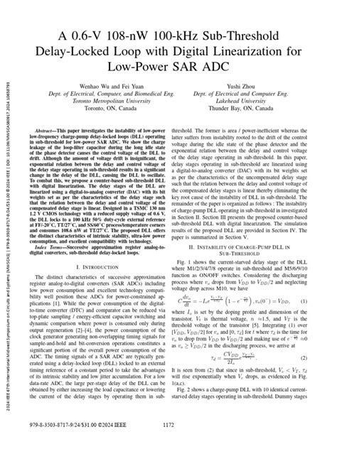 A 06 V 108 Nw 100 Khz Sub Threshold Delay Locked Loop With Digital Linearization For Low Power