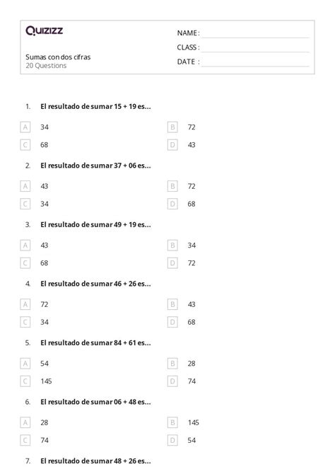 50 Problemas De Suma De Dos Dígitos Hojas De Trabajo Para Jardín De