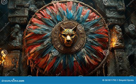 Ceremonial Aztec Chimalli Shield Hanging From A Carved Stone Wall Stock