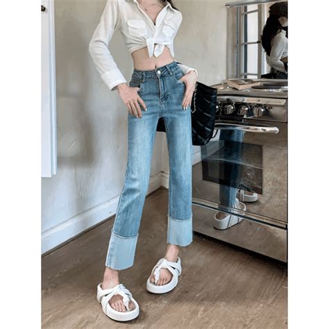 빈티지 워싱 올드진 여성 여름 롤업 스플라이스 일자 하이웨스트 슬림 키치 애슬레저 히스토리카 20대 고딩 중딩 새로운 자연스러운 유행하는 편한 해변 올매치 신선한 봄 바베큐