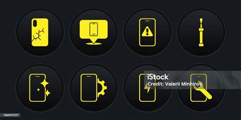 유리 화면 보호기 드라이버 전화 수리 서비스 모바일 충전 배터리 느낌표 및 깨진 아이콘을 설정합니다 벡터 Brand Name Smart Phone에 대한 스톡 벡터 아트 및