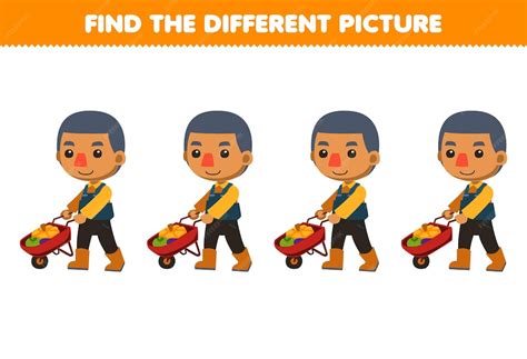 어린이를 위한 교육 게임은 인쇄 가능한 농장 워크시트로 가득 찬 수레를 밀고 있는 귀여운 만화 농부 소년의 다른 그림을 찾습니다 프리미엄 벡터