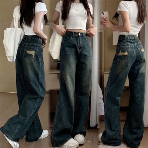 Swan Shop กางเกงยีนส์ขายาวเอวสูงทรงกระบอก แต่งขาดกระเป๋าด้านหลัง วินเทจ แนวสวยสุดฮิตวัยรุ่นมากๆ