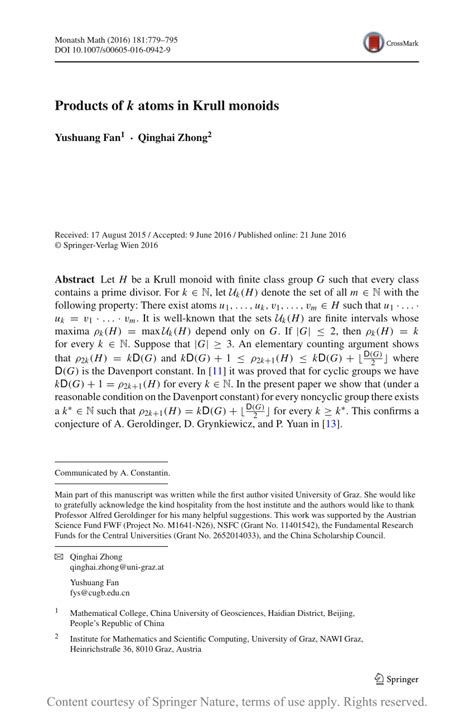 Products Of K Atoms In Krull Monoids Request Pdf