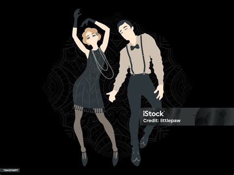 복고풍 파티 카드 남자와 여자 옷을 입고 1920 년대 스타일 댄스 플래퍼 여자 잘 생긴 남자 빈티지 정장 이십 벡터 일러스트 1920 1929 년에 대한 스톡 벡터 아트