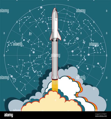 Rocket Spaceship Launching Star Map Vector Retro Style Illustration Vector Cartoon Spaceship