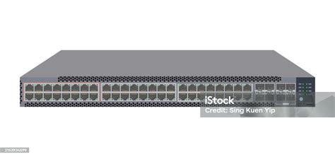 기가비트 이더넷 Poe Usb Hdmi Rj45 및 Sfp 네트워크 스위치가 있는 48포트 고속 이더넷 스위치 네트워크 기술의 전면 모습 벡터 네트워크 연결 플러그에 대한