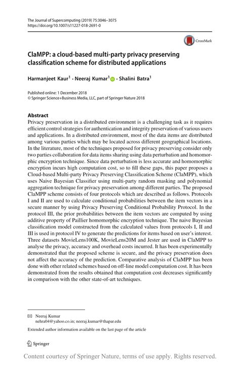 Clampp A Cloud Based Multi Party Privacy Preserving Classification Scheme For Distributed