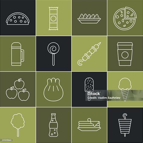 세트 라인 구운 시시 케밥 와플 콘 아이스크림 테이크 아웃 커피 컵 나초 플레이트 롤리팝 보온병 용기 또띠아와 아이콘이있는 타코 벡터 0명에 대한 스톡 벡터 아트 및 기타