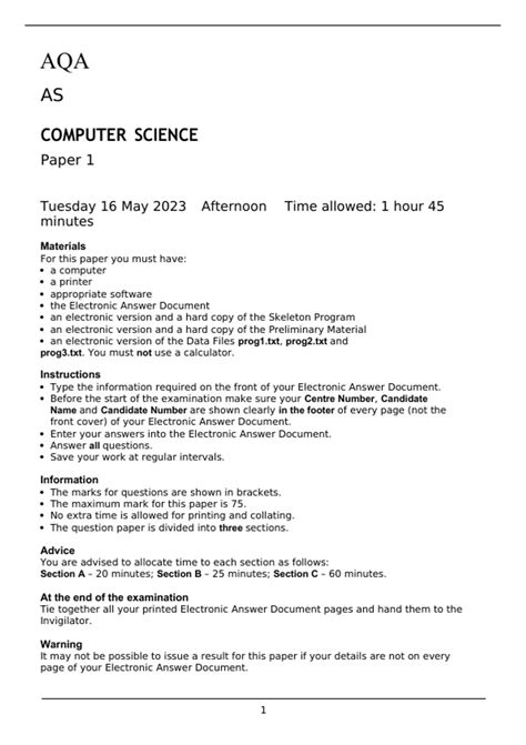 Aqa As Computer Science Rating Paper 1 May 2023 As Computer Science
