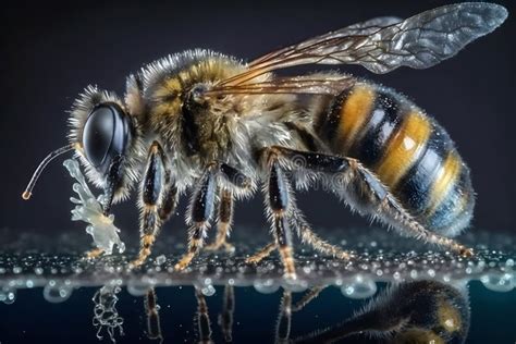 Honey Bee With Water Drops Close Up Neural Network Ai Generated Stock