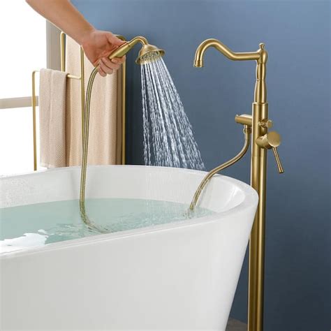 Ukishiro Single Handle Freestanding Tub Faucet Bathtub Filler With Hand Shower In Brushed Gold