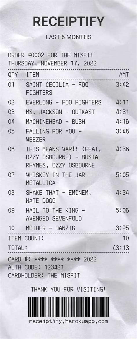 Receiptify Last 6 Months Order 0002 For The Misfit Thursday November 17 2022 Saint Cecilia