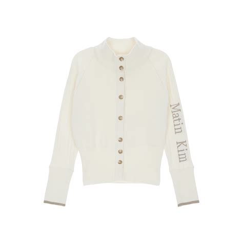 W 마뗑킴 하이 넥 슬리브 로고 니트 가디건 아이보리 Matin Kim Kream
