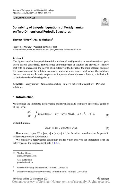 Solvability Of Singular Equations Of Peridynamics On Two Dimensional Periodic Structures